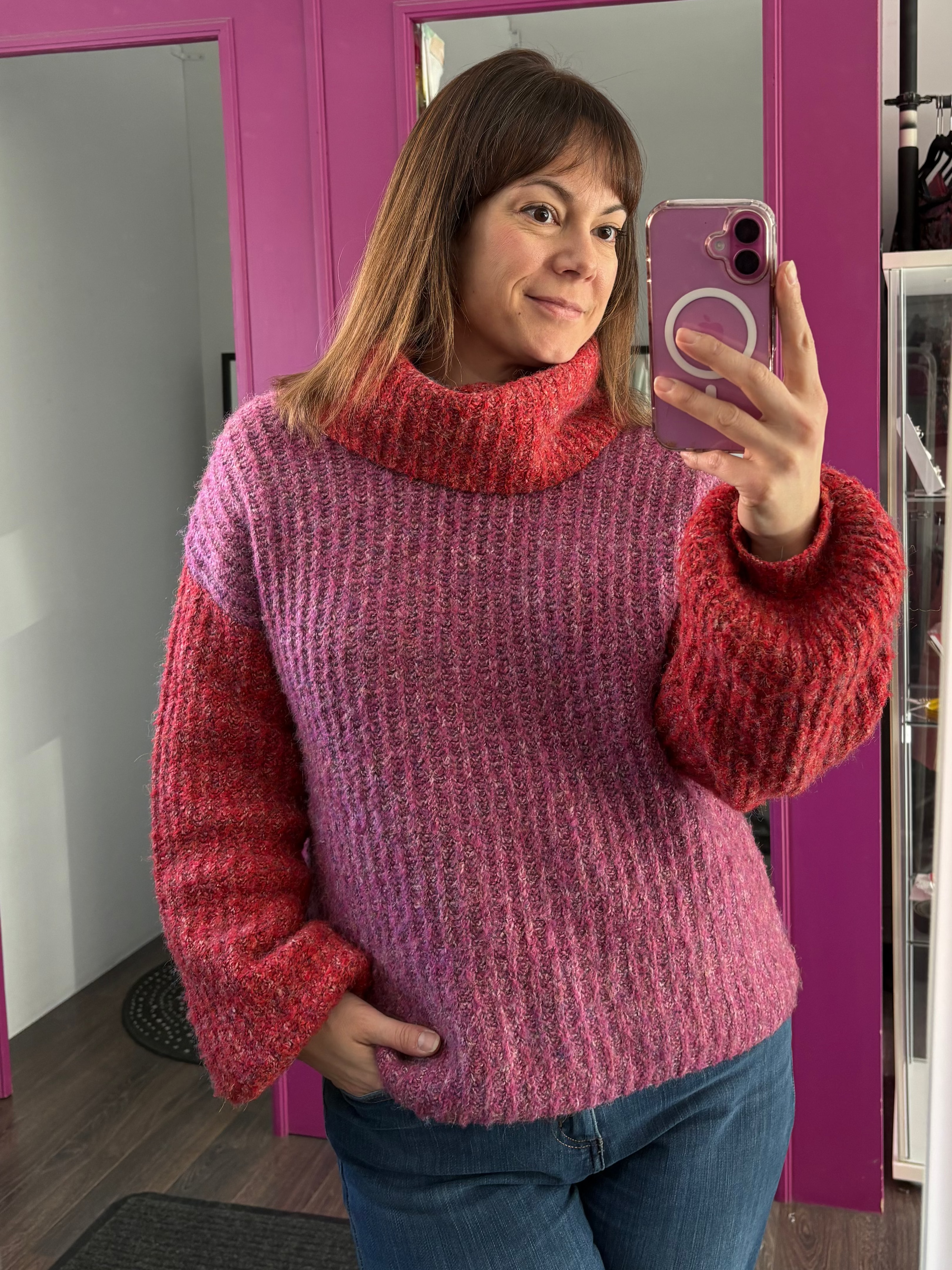 Pull col rouge et rose manches ballon| PINK-486 (S overseize ...